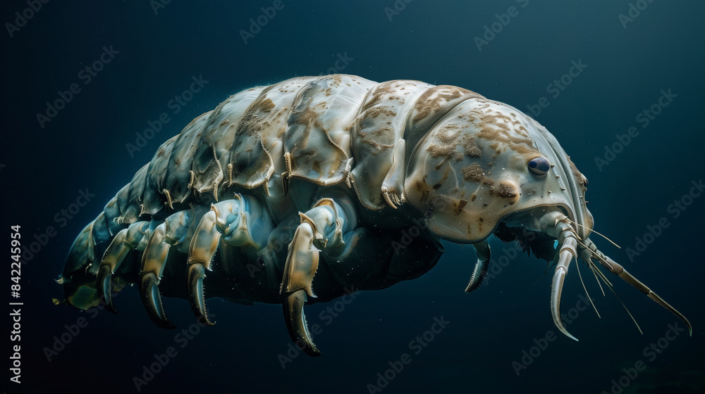 Giant Isopod swimming in the depths of the sea, low natural lighting ...