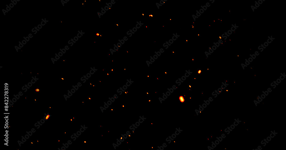 Realistic surreal ember fire dust slowing rising up on black bg. Grunge ...