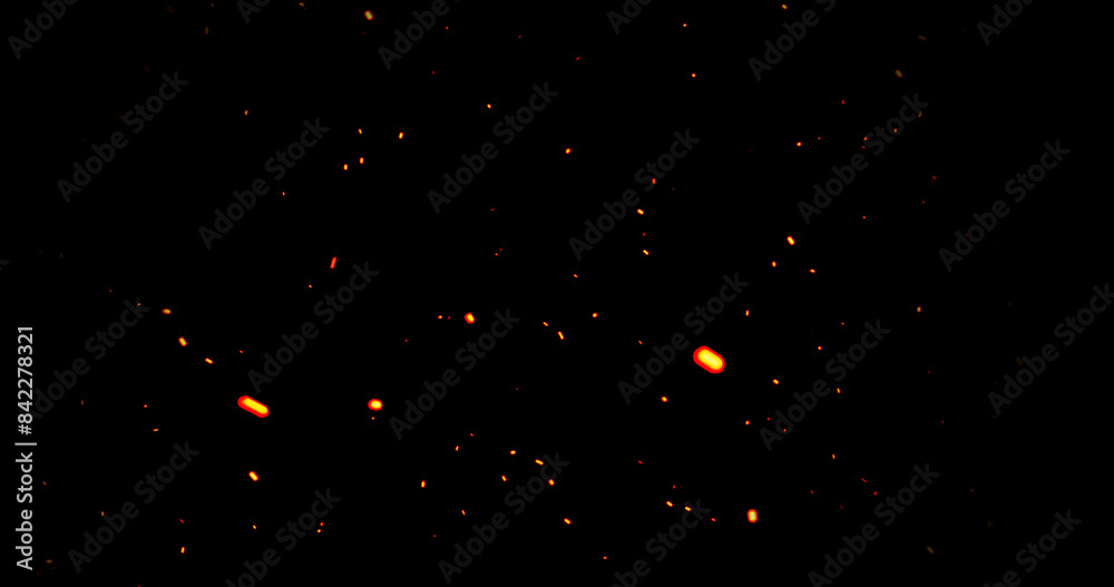 Realistic surreal ember fire dust slowing rising up on black bg. Grunge ...