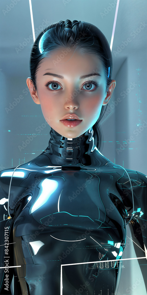 Highly detailed 3D rendering of a cybernetic or cyborg female character ...