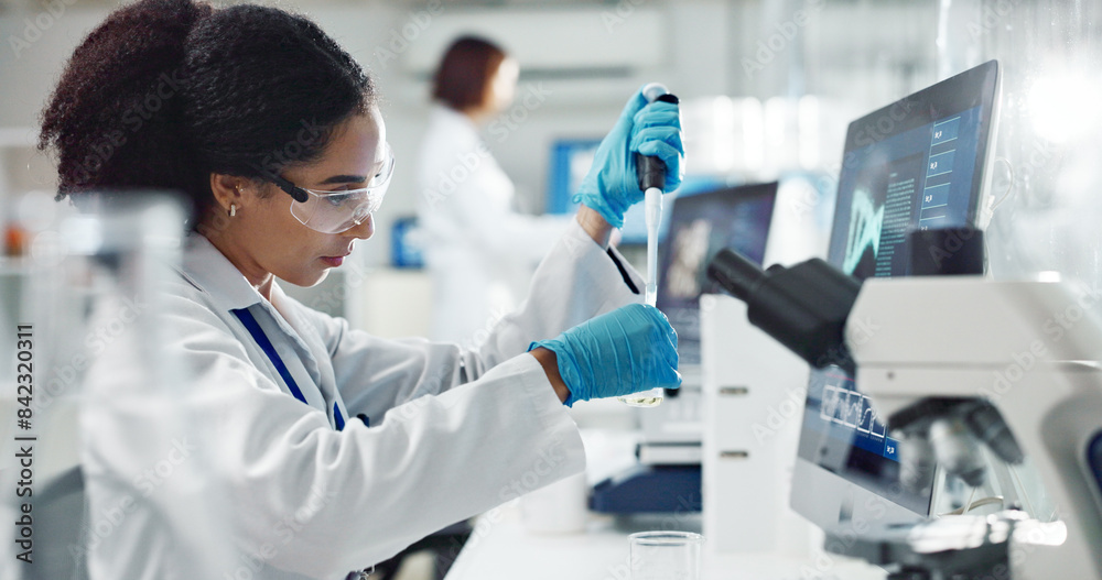 Test tubes, dropper and woman scientist in laboratory for medical study ...