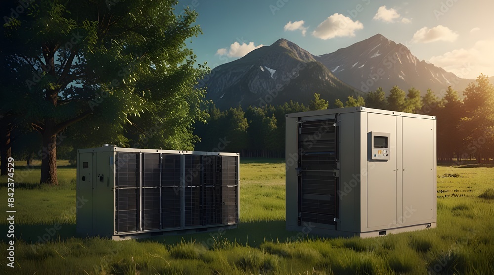 Concept of a home battery energy storage located in a grage with a ...