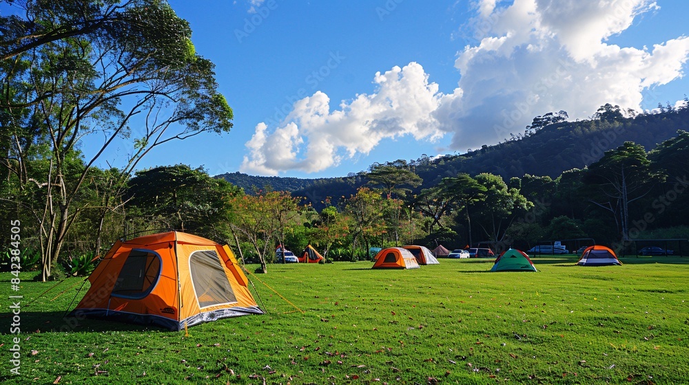 Camping site on the grass, tents set up in several areas of the camping ...
