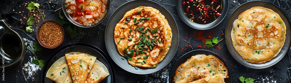 Top view collage of Chinese pancake varieties, including scallion ...