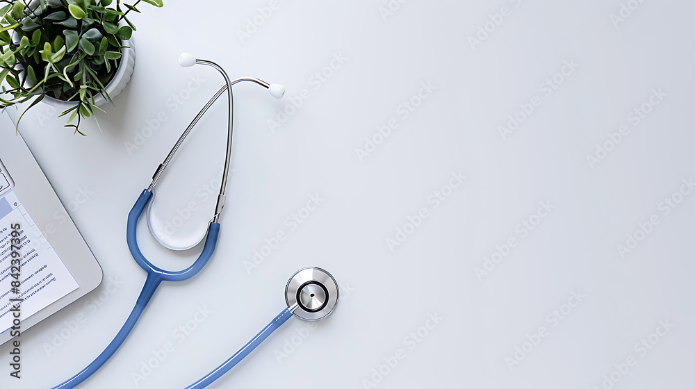 modern medical workspace with a stethoscope, laptop, and patient files ...