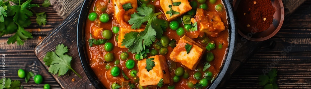 Top view of a serving of matar paneer, featuring peas and paneer in a ...