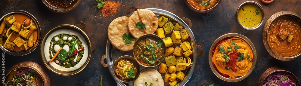 Top view of a traditional Gujarati thali, featuring a variety of ...