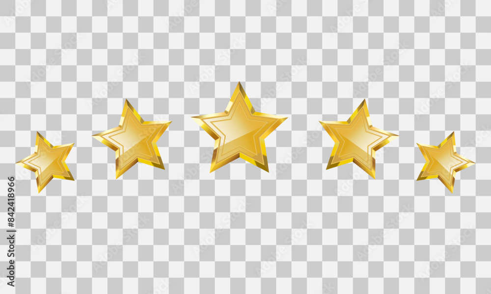 5 gold stars rating vector illustration isolated on transparent background. Stars arranged in an ...
