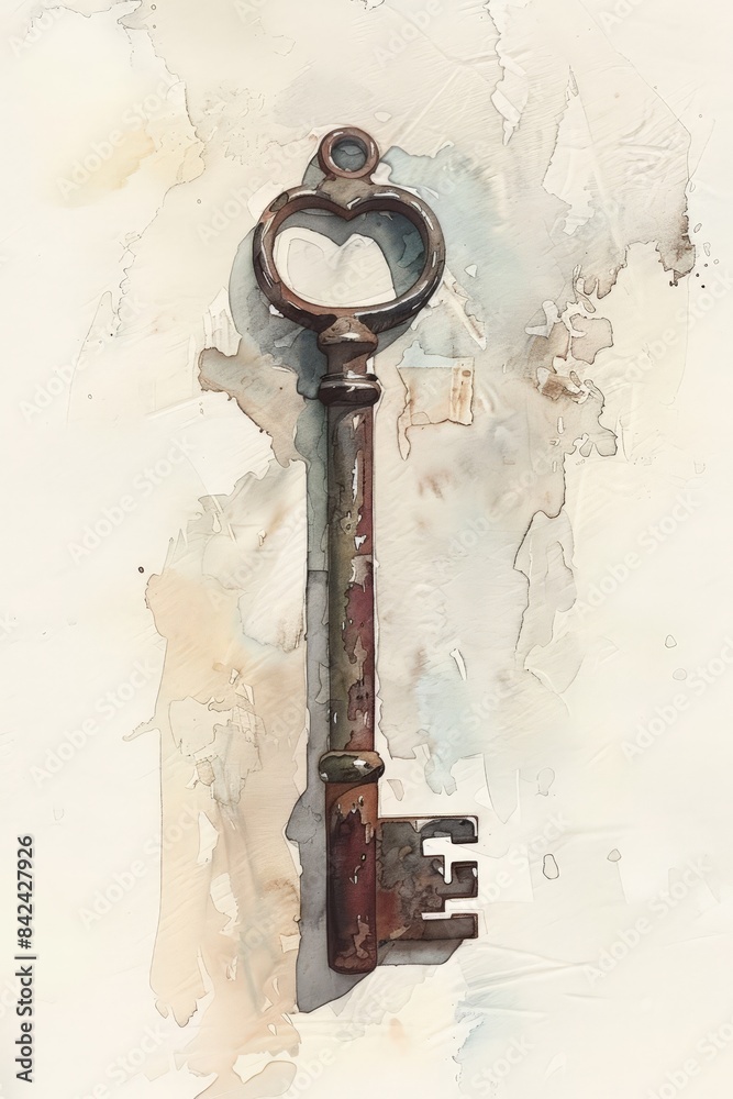 Watercolor painting of antique key. The evolution of the key occurred ...