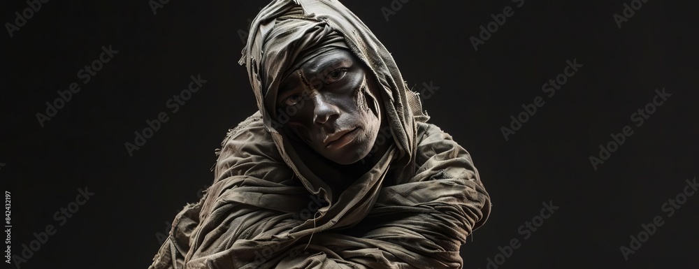 Eye-level angle portrait, young man, wrapped in ancient, tattered mummy ...