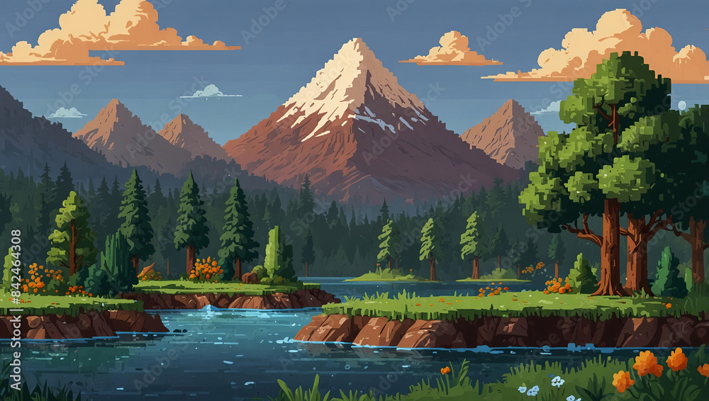 Pixel art design with outdoor landscape background. 2d style Stock ...