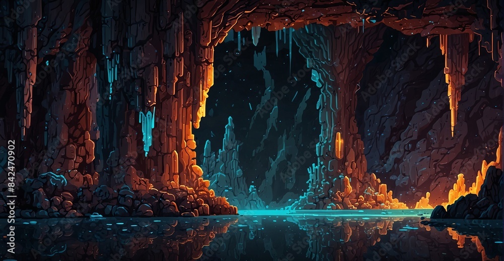 Modern pixel art game background featuring stalactites and stalagmites ...