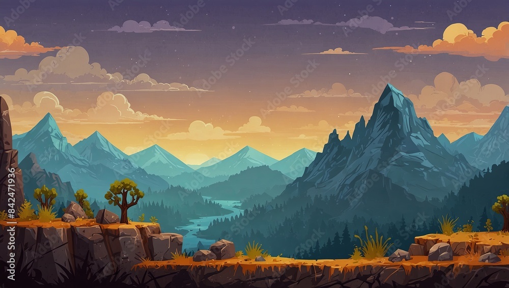 Mountain level background asset, rocky terrain and cliffs, platformer ...