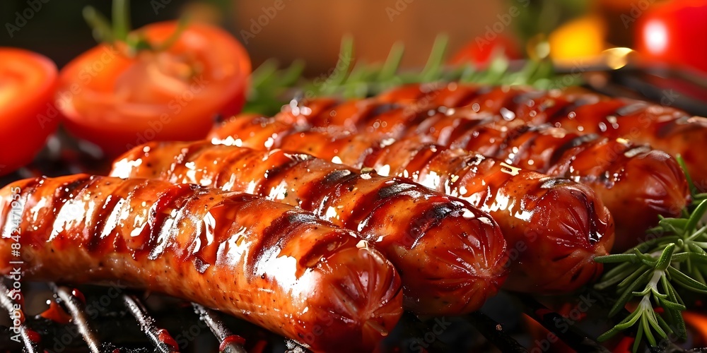 Realistic food photography of golden grilled sausages on barbecue ...