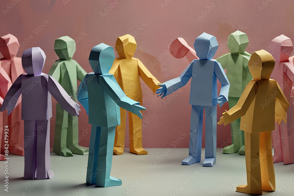 Paper people high five in a pastel world. Photorealistic depiction of ...