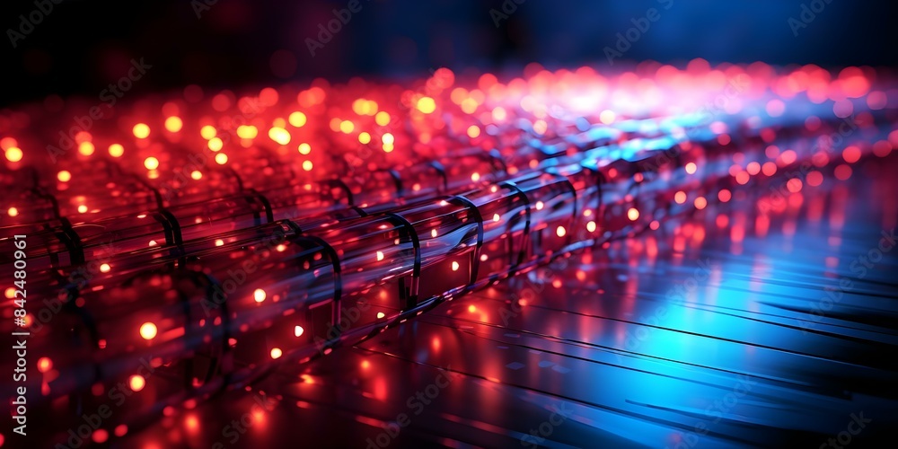 Glowing red and blue pixelated binary code encryption in digital data ...