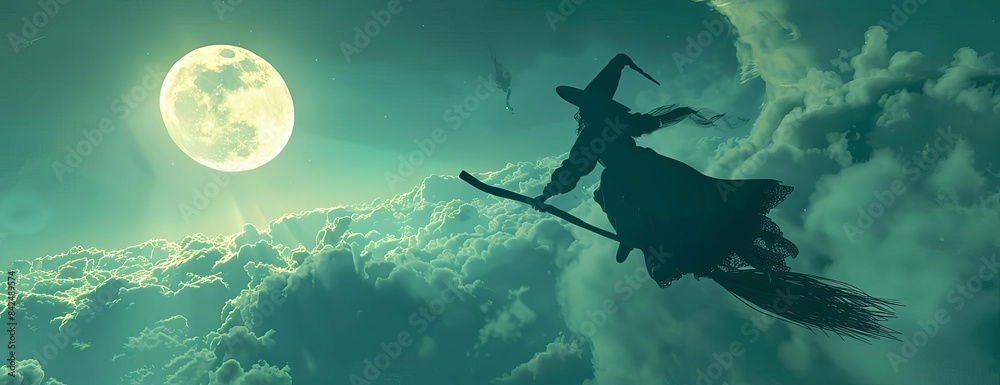 Low-angle perspective, witch soaring on a broomstick, anon, 3D CG ...