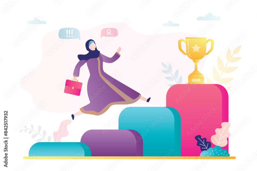 Arabic business woman in hijab runs up the steps to success, goal and ...