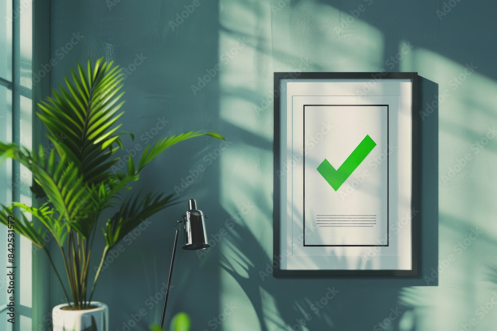 A framed certificate hanging on a wall, with a bold, green checkbox ...