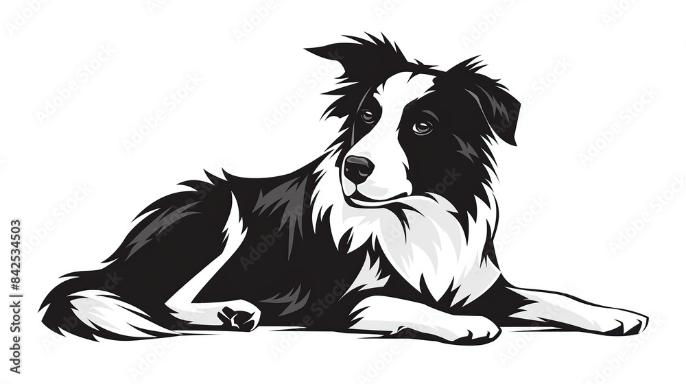 simple vector logo of border collie, laying down on the floor, white background, black and white ...