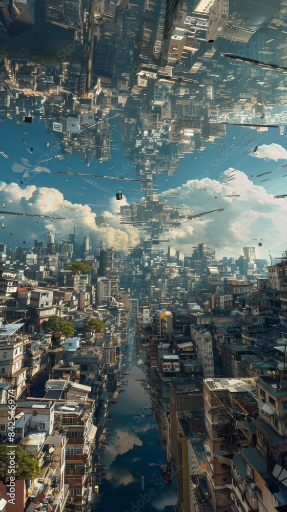 Flipped city buildings, different cities are distributed in the triple ...