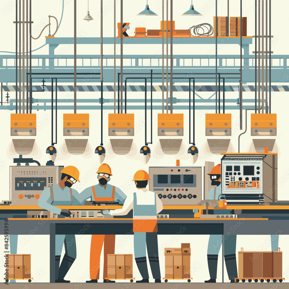 Workers Factory Control Room Monitoring Production Line Operating