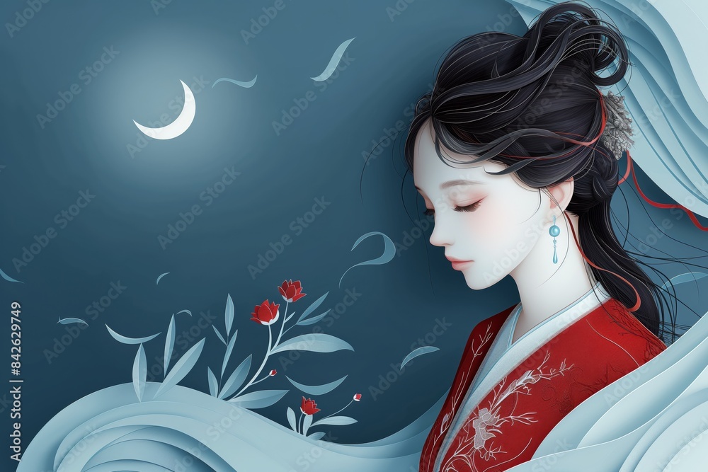 paper craft cartoon illustration, pretty Chinese woman wearing Hanfu ...