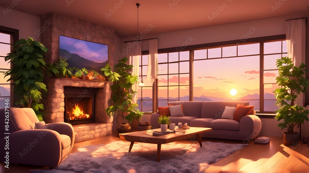 ozy-living-room-with-fireplace-and-greenery-animated-virtual ...