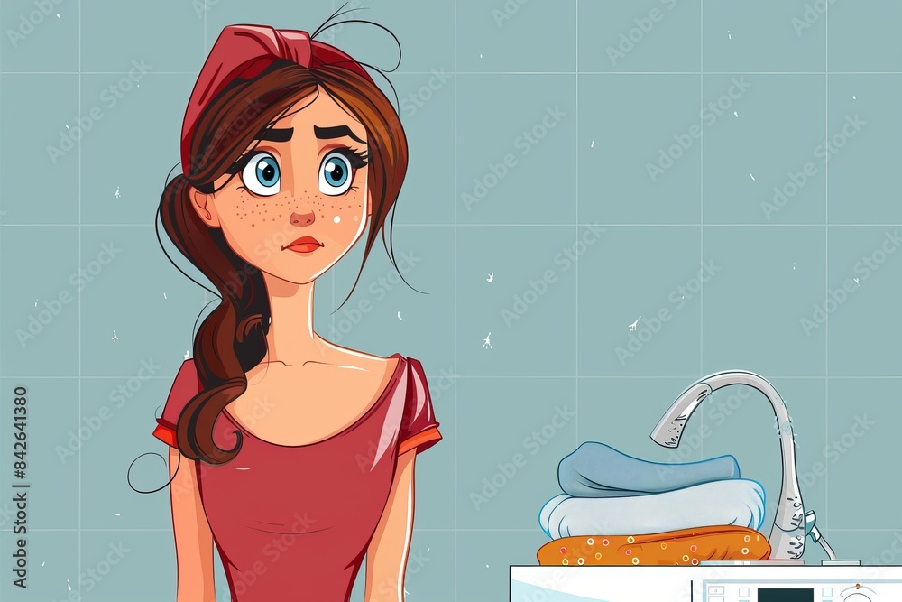 Illustration of a woman thinking in front of a kitchen sink full of ...