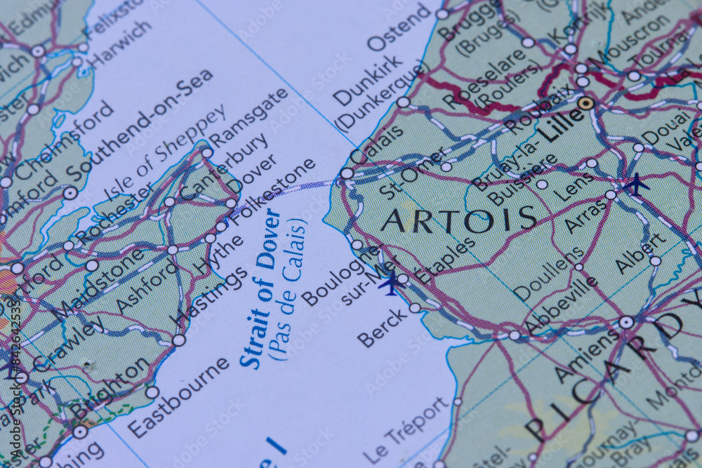 Strait of Dover on the map in focus. Stock Photo | Adobe Stock
