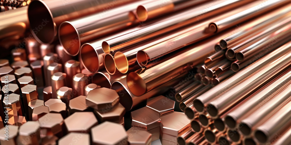 Assorted copper pipes and profiles stacked together, showcasing various ...