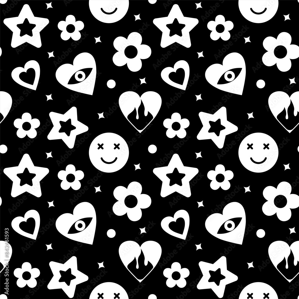 Emo seamless pattern with burning hearts, stars, eyes, smiley faces and ...
