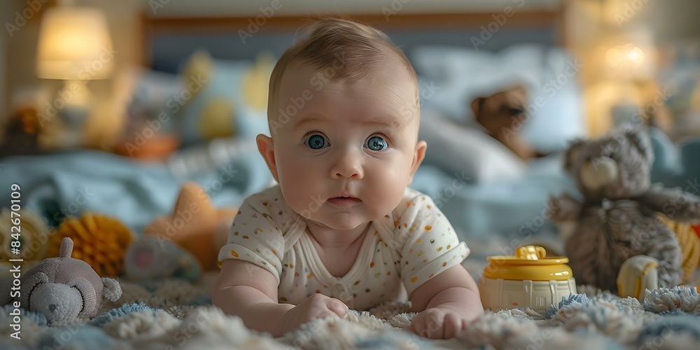 Studio photo of newborn baby surrounded by toys in bedroom setting ...