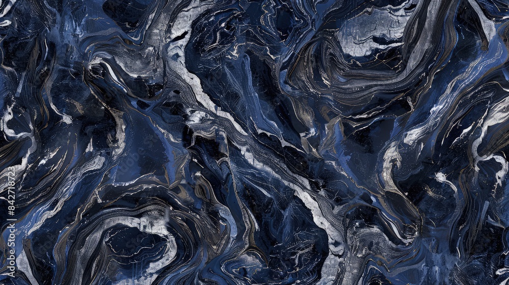 An image of deep navy blue marble with swirling silver and grey veins ...