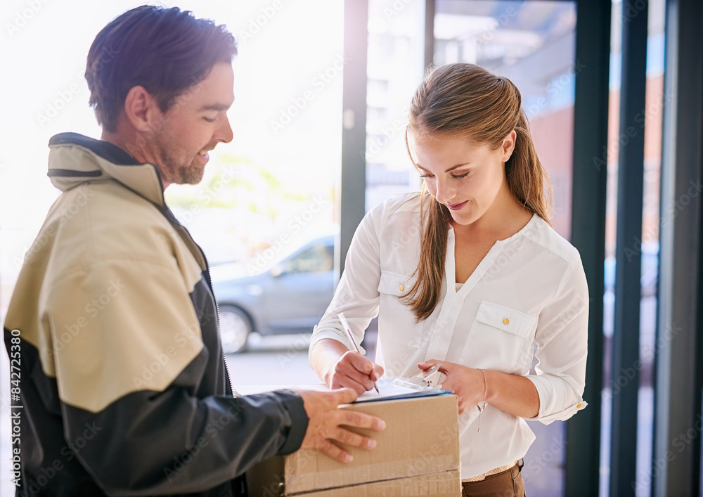 Signing, delivery man and woman with package for courier drop off with ...