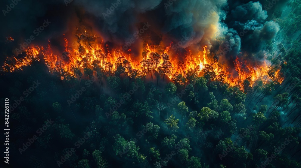 Climate databases tracking wildfire pollution, forest fire, top view ...