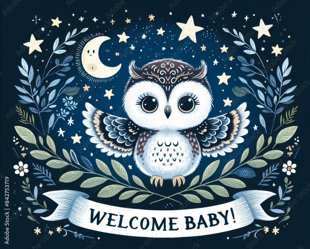 Adorable owl-themed baby welcome card with stars and florals on ...
