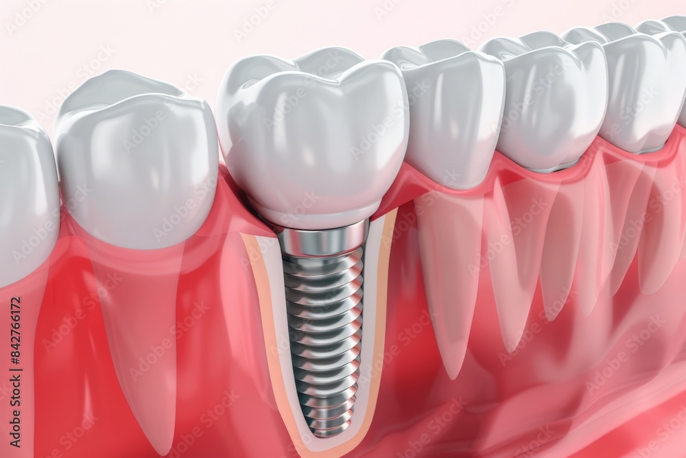 The concept of dental implants. A 3D rendering showing a dental implant ...