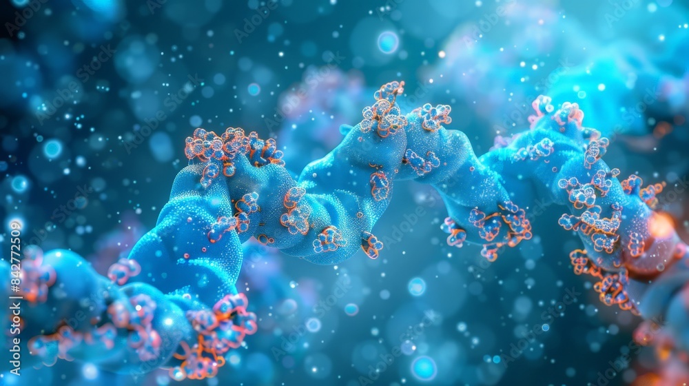 Design a picture of a protein molecule, focusing on the complex folding ...