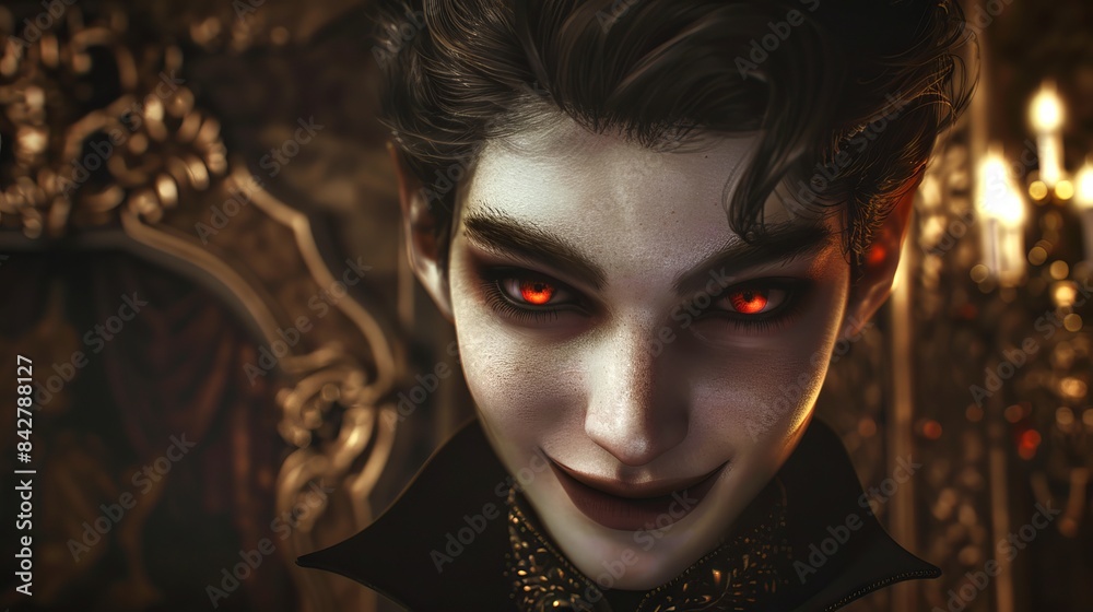 Male vampire with glowing red eyes and an eerie smile wearing dark ...