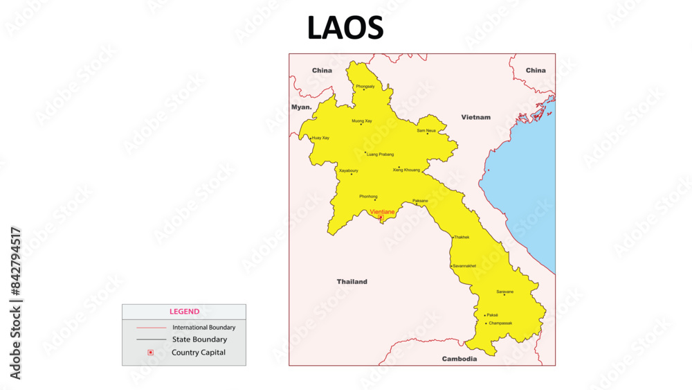 Laos Map. Major city in Laos. Political map of Laos with border and ...