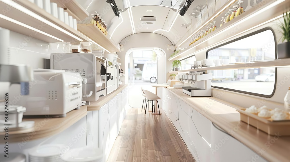 detailed 3d rendering of takeaway food truck interior with white drinks ...