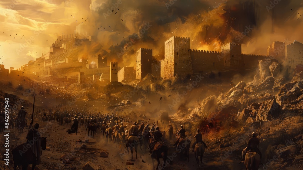 dramatic depiction of the battle of jericho with collapsing walls as ...