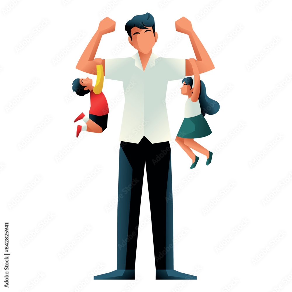 Vector Father Lift Up Children Cartoon Illustration Isolated Stock ...