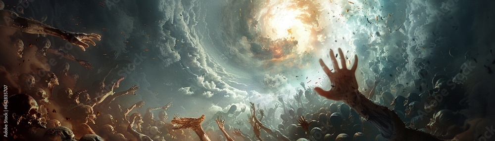 Zombie arms and faces emerging from the ground, reaching towards a ...