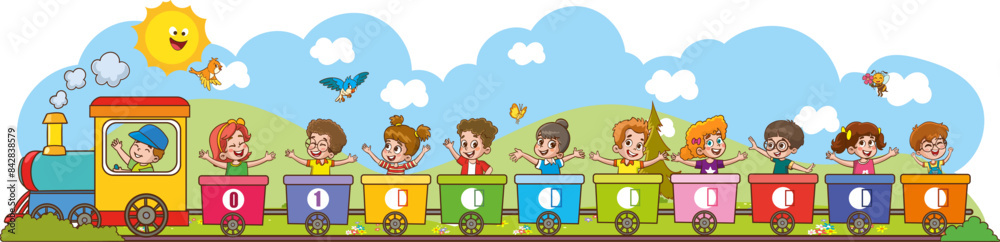 Vector illustration cartoon of happy preschool kids with the train ...