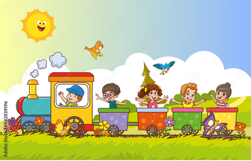 Vector illustration cartoon of happy kids with the train.Funny Children ...