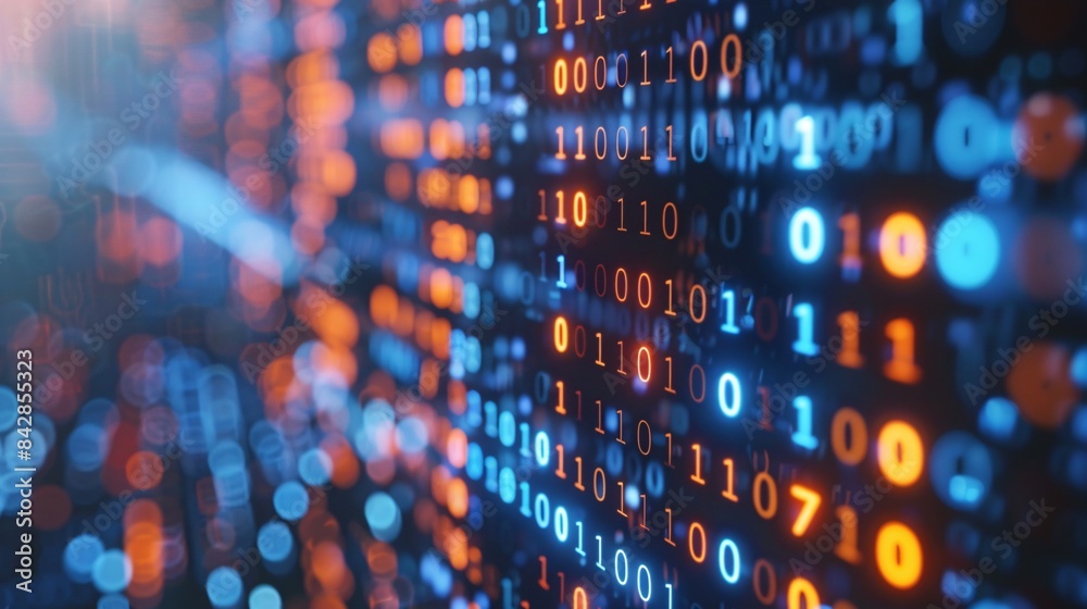 Flow of Binary Code in a Digital Matrix, Representing Advanced Data Transfer and Cyber Security ...