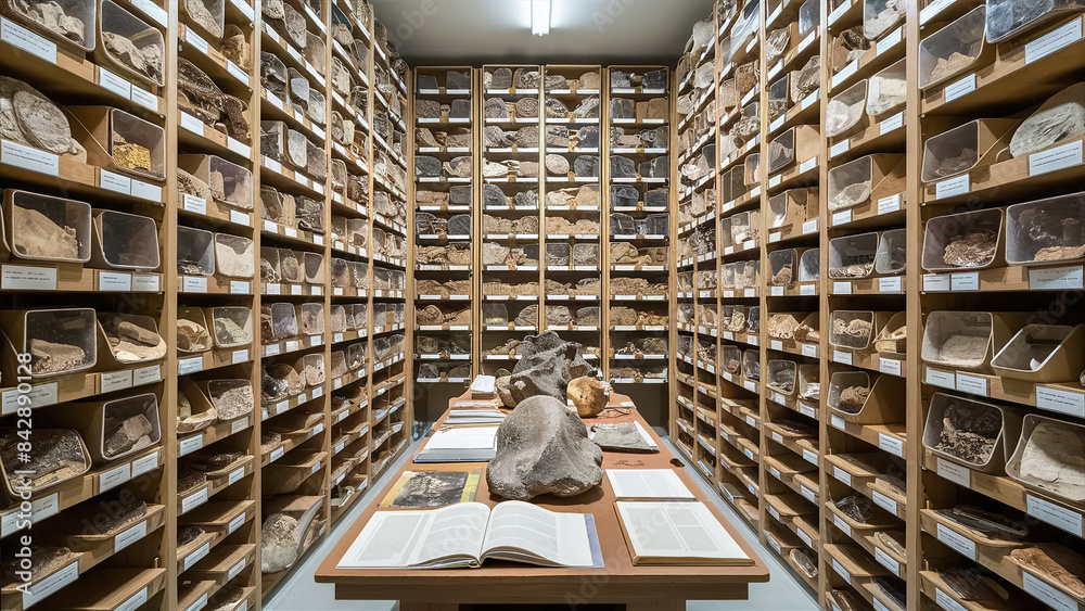 Ilustración de Stock Storage room with cataloged fossils with labeled ...