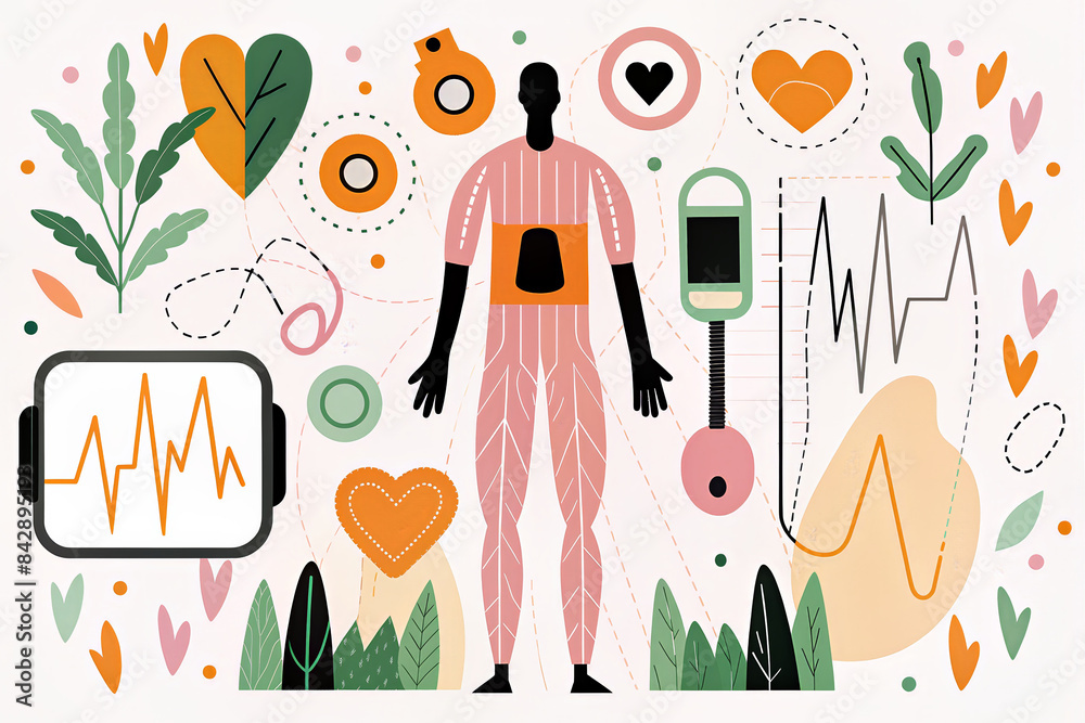 Abstract health and wellness illustration with human figure and medical ...